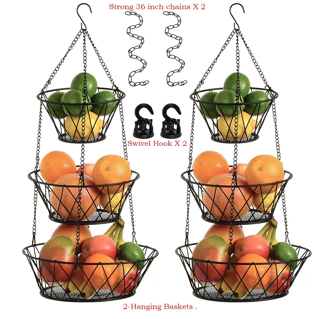 Hanging Fruit Baskets for Kitchen Bundle, 3 Tier, Black, 25 Inches Long ...